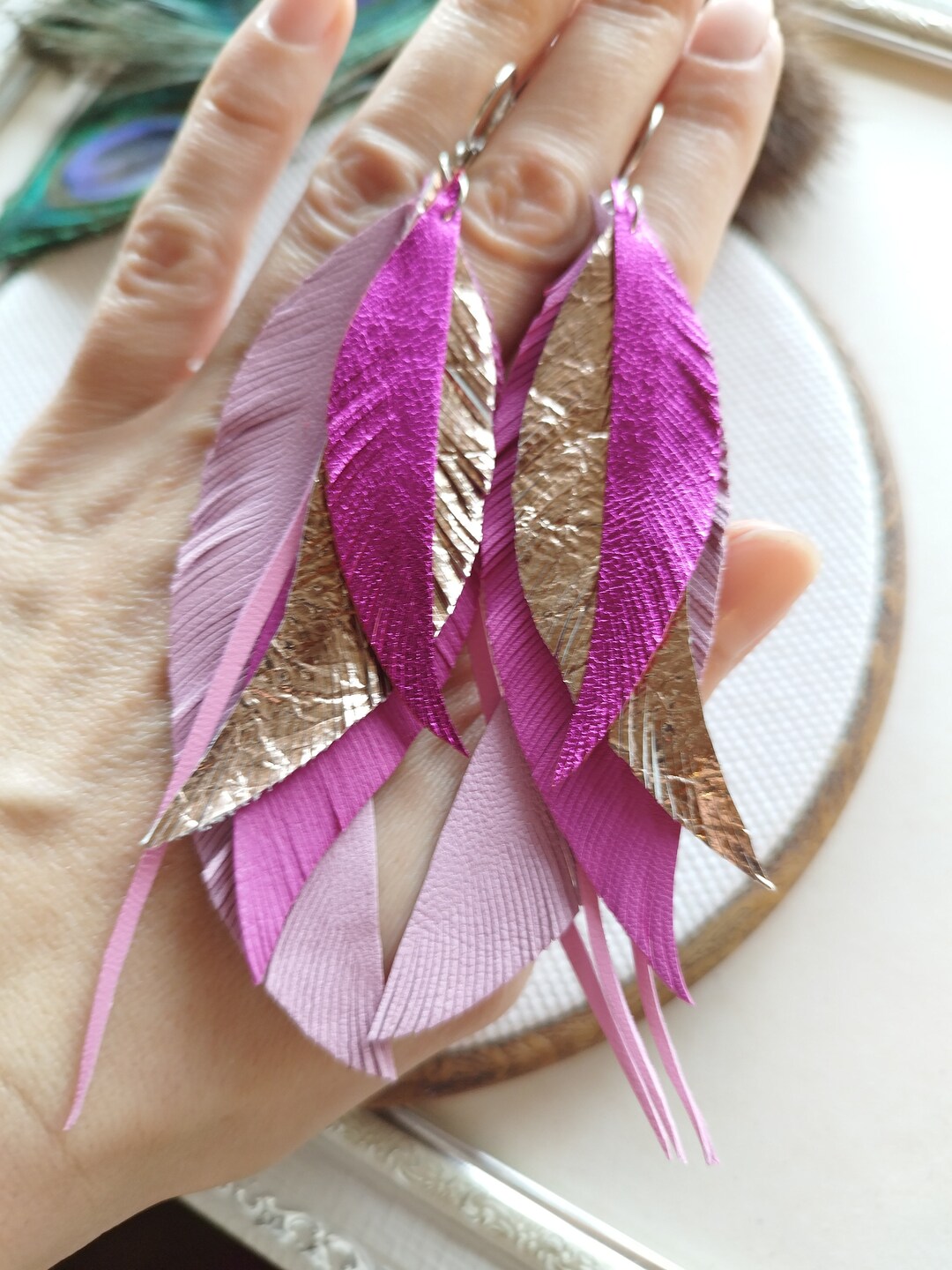 Bright Long Leather Feather Earrings Hot Pink Leather Earrings Earrings ...