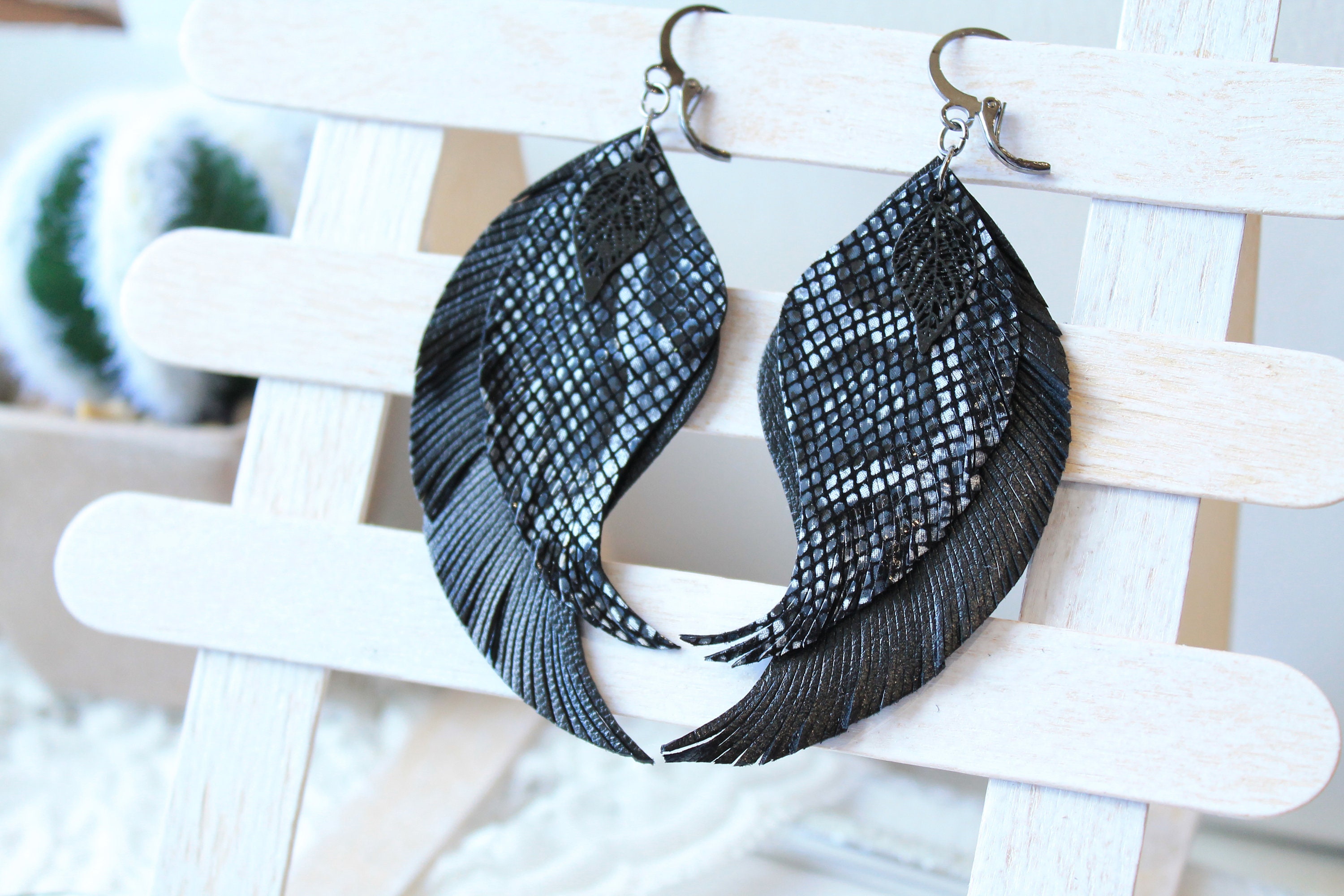 Black Leather Earrings Wings Leather Earrings Feather Earrings | Etsy