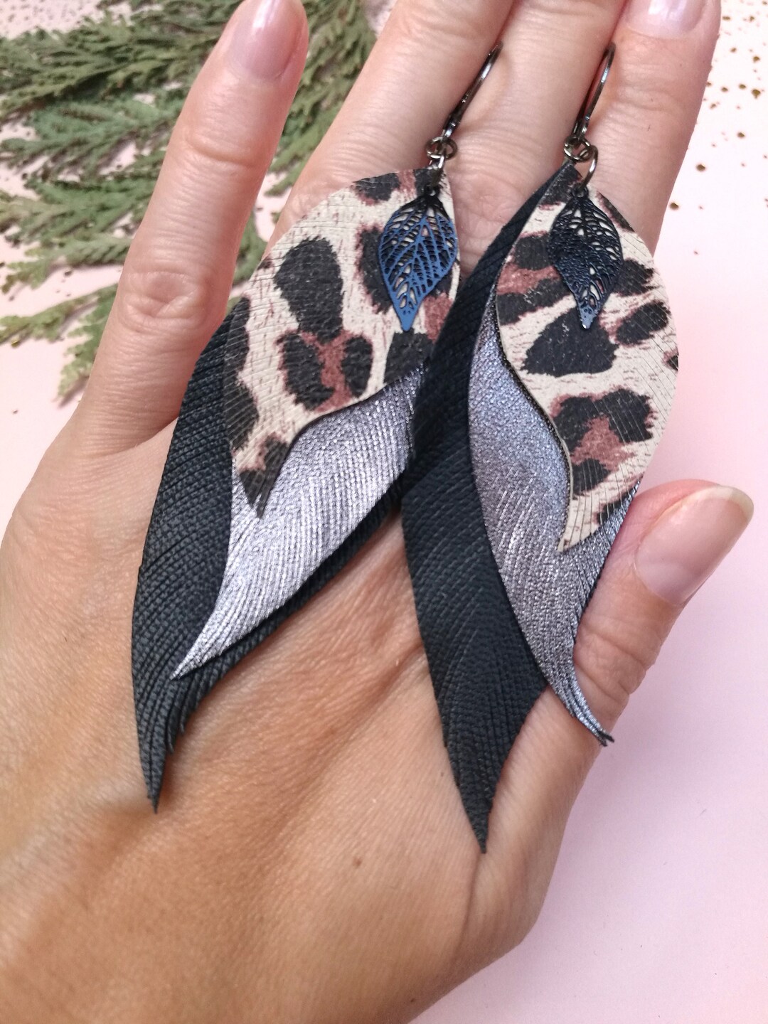 Leather Earrings Leather Feather Earrings Brown Gray Black - Etsy