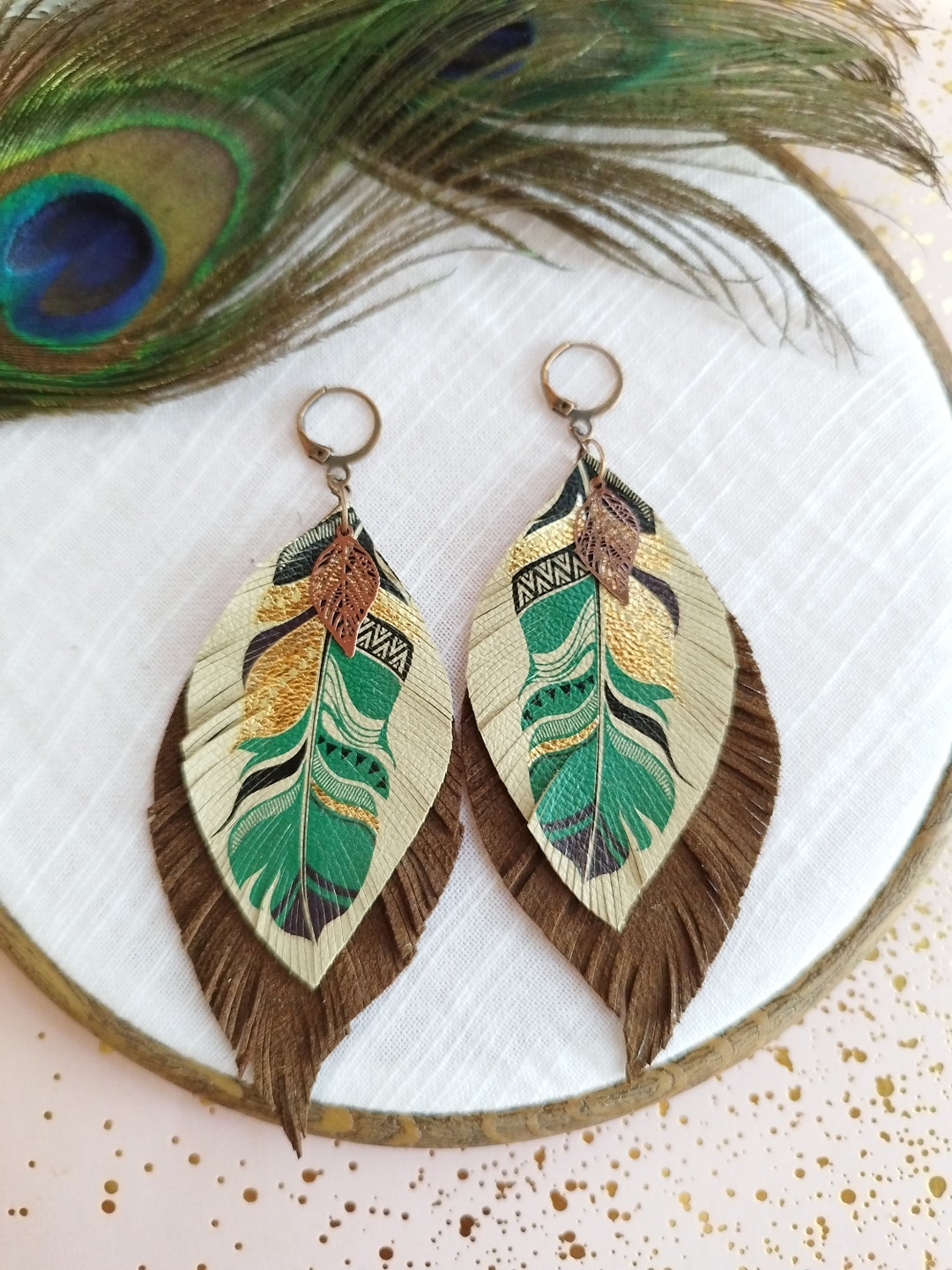 Leather Earrings Leather Feather Earrings Brown Beige Earrings - Etsy