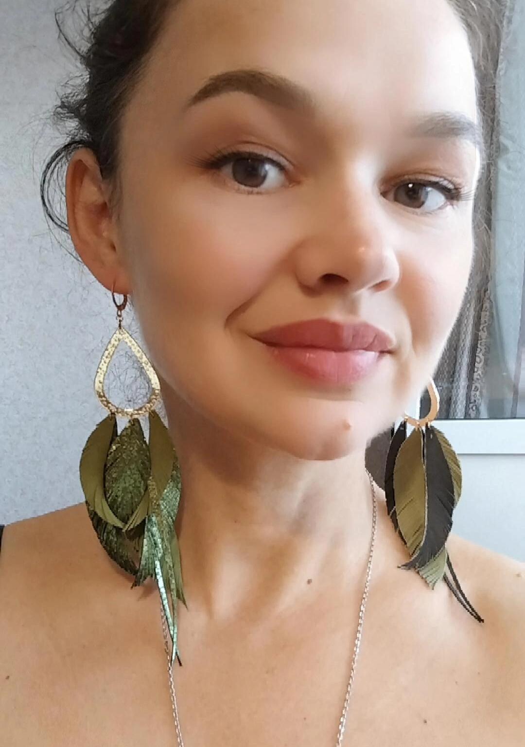 Extra Long Leather Feather Earrings: Olive Green Bohemian Jewelry - Etsy
