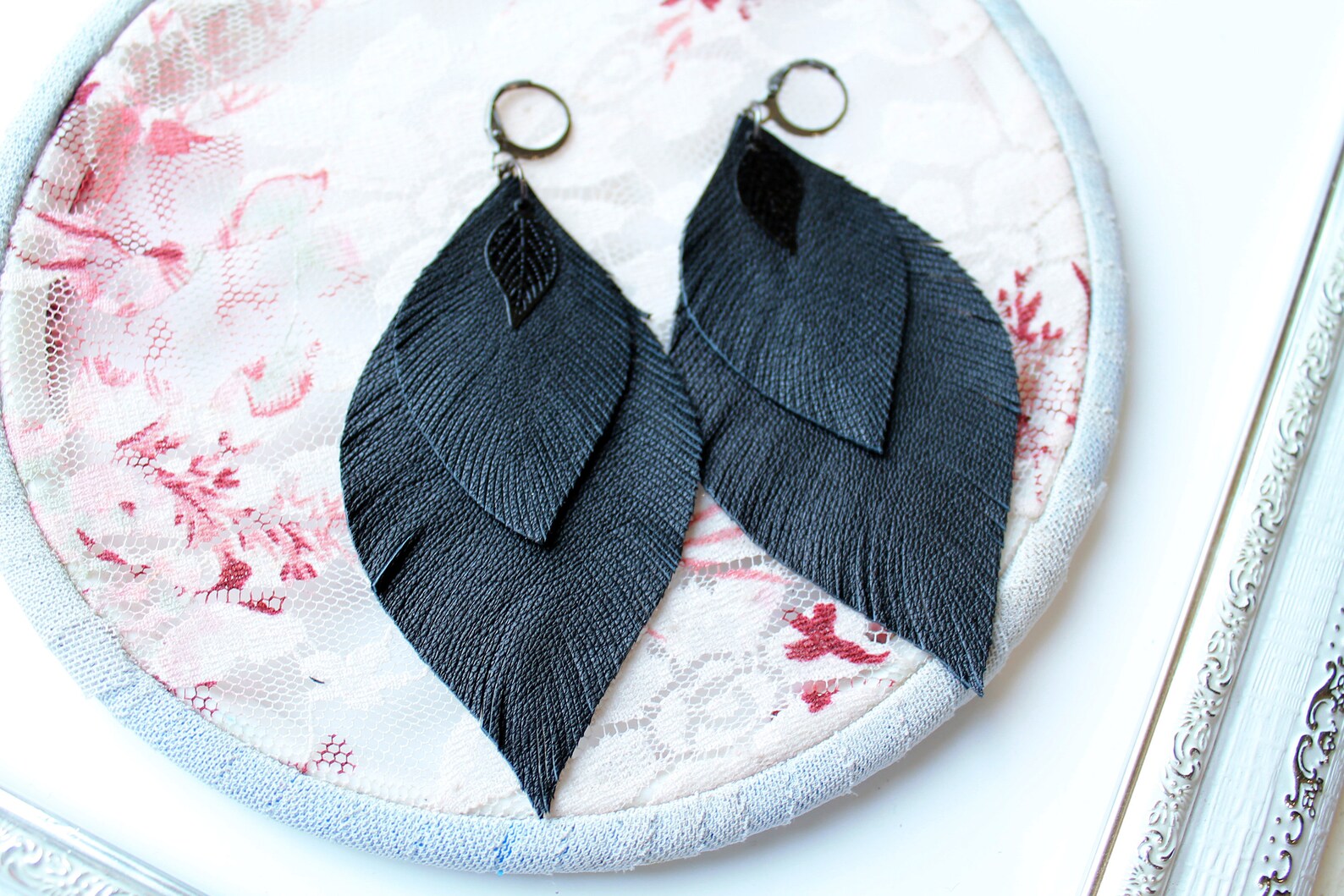 Black leather earrings Feather earrings matte black feather | Etsy