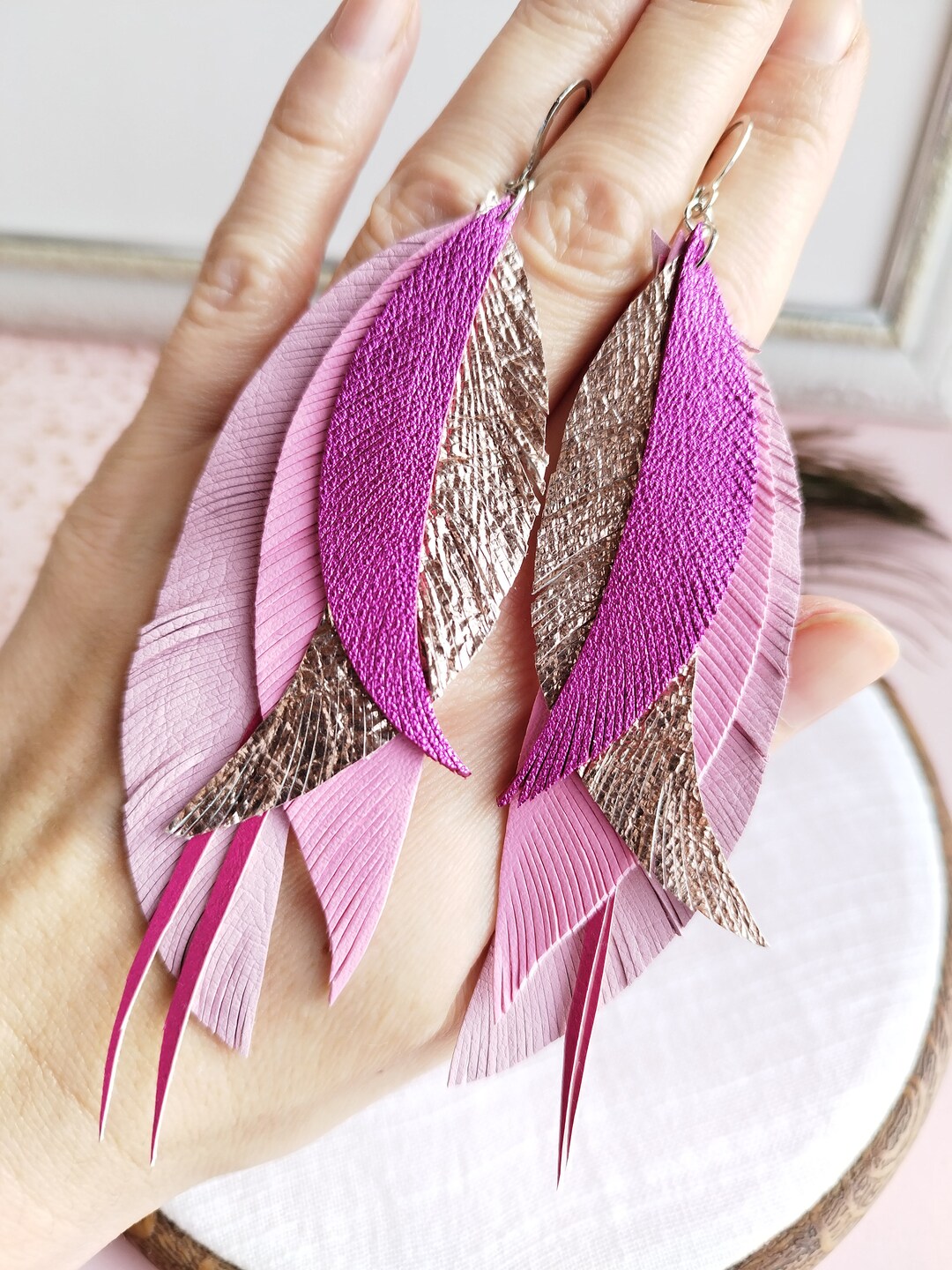 Bright Long Leather Feather Earrings Hot Pink Leather Earrings Earrings ...