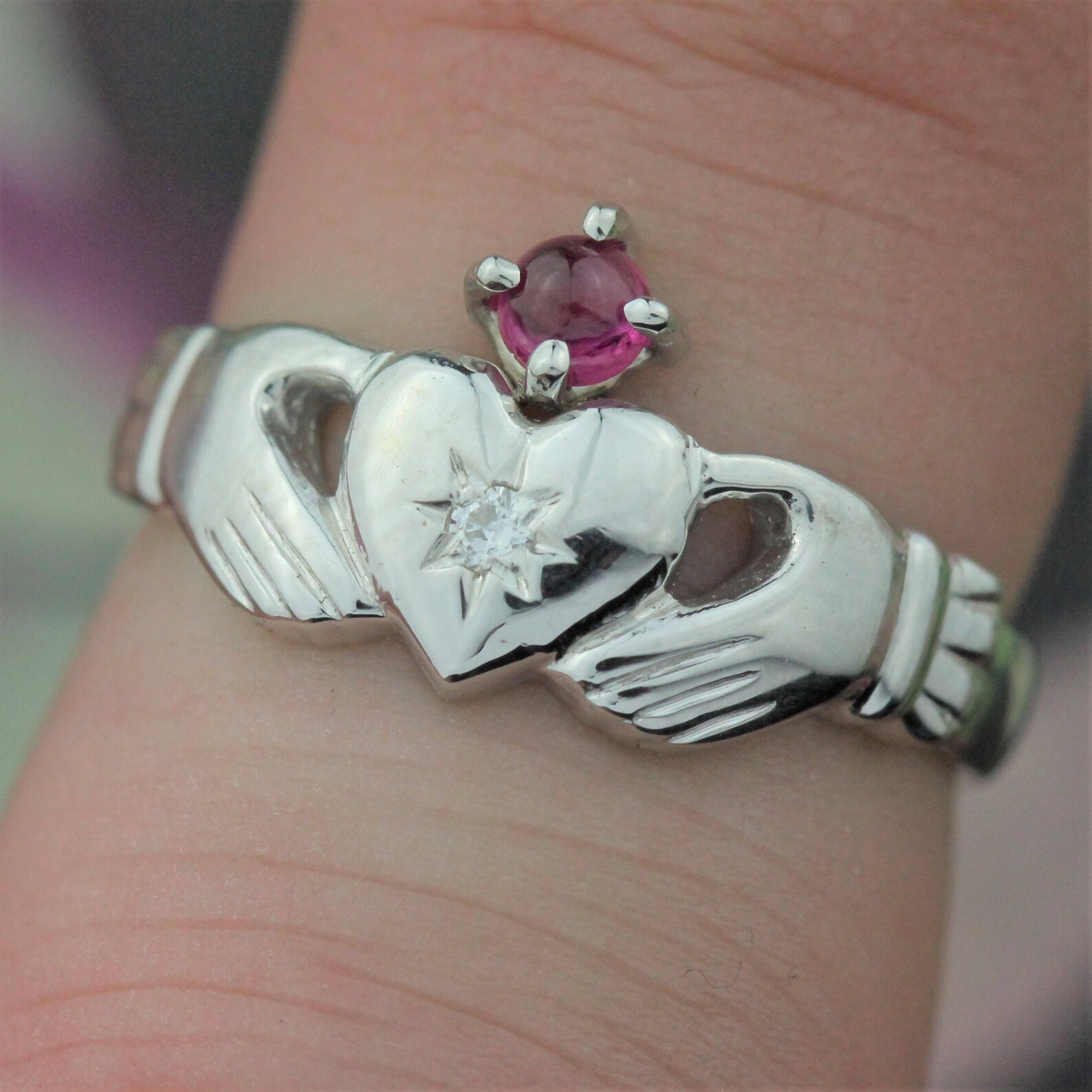 Diamond Claddagh Ring With Minimalist Ruby Gemstone Crown. | Etsy