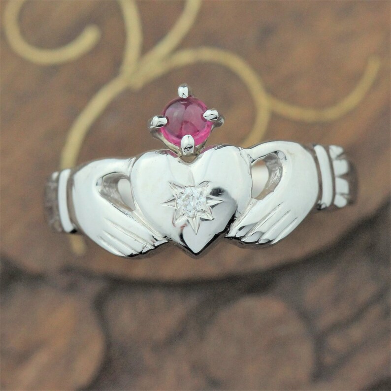 Diamond Claddagh Ring With Minimalist Ruby Gemstone Crown. | Etsy