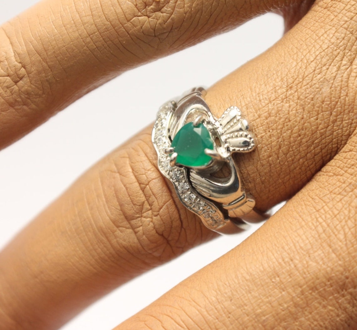 Green Agate Irish Claddagh Ring Set With Matching Band. - Etsy