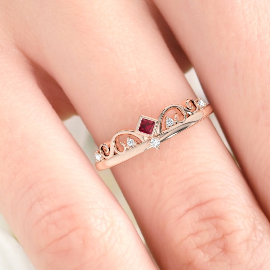 Ruby Ring. Diamond Engagement Ring. Rose Gold Tiara Crown | Etsy