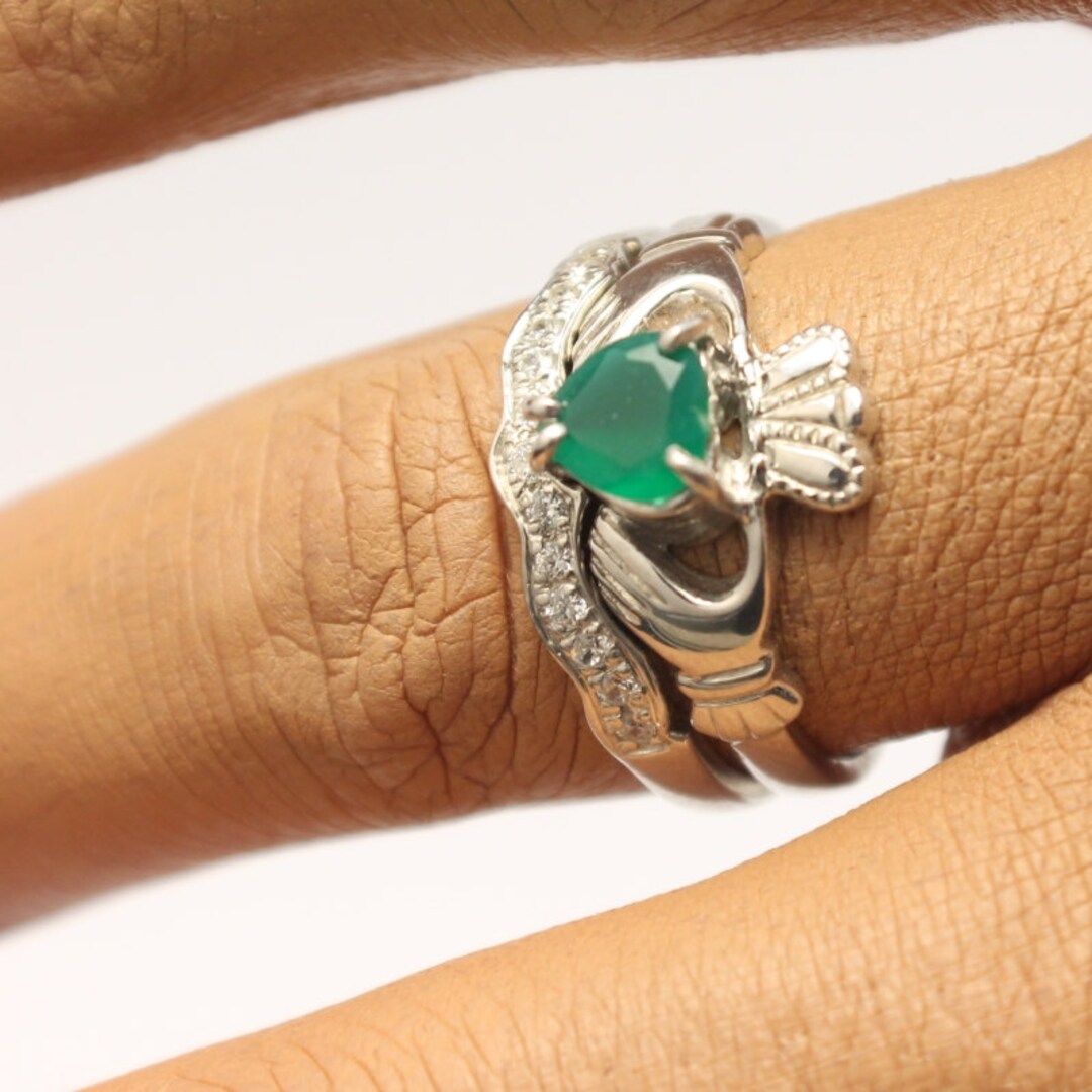 Green Agate Irish Claddagh Ring Set With Matching Band. - Etsy
