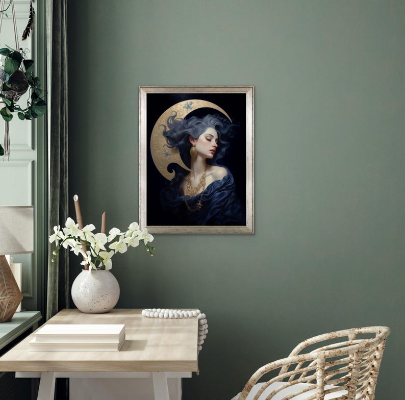 Blue Moon Goddess Art Nouveau Print, Celestial Home Decor (digital ...