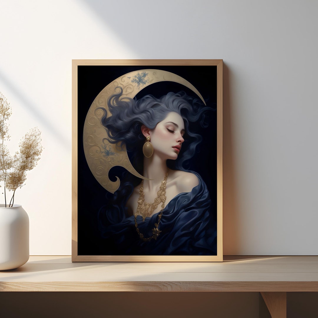 Blue Moon Goddess Art Nouveau Print, Celestial Home Decor (digital ...