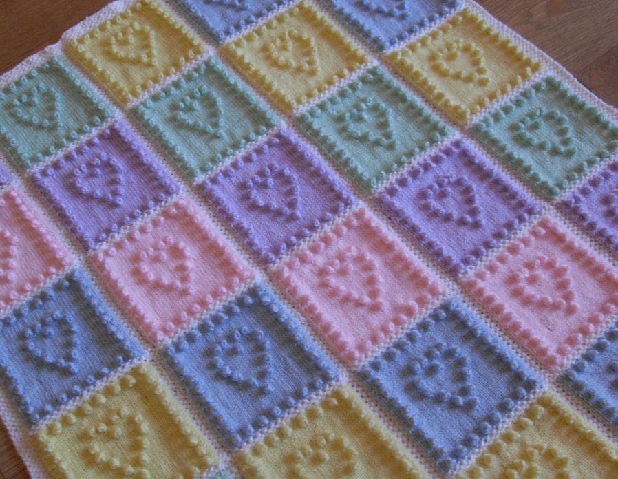 Heart Squares KNITTING PATTERN Baby Blanket Bobble Stitch - Intarsia ...