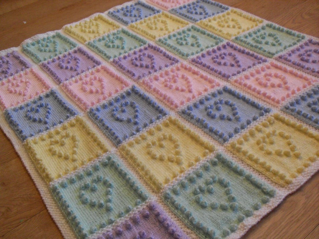 Heart Squares KNITTING PATTERN Baby Blanket Bobble Stitch - Intarsia ...