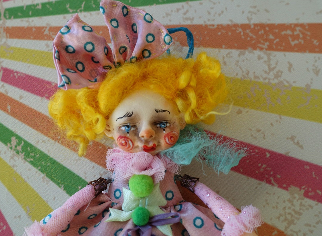 Ooak Art Small Doll Pendant Girl Clown Circus Dollhandmade 1 12th