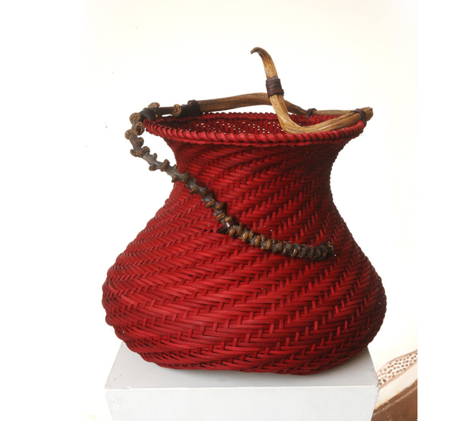 Red Spiral Basket Woven Basket, Wicker Basketry, Woven Sculpture, Dyed ...