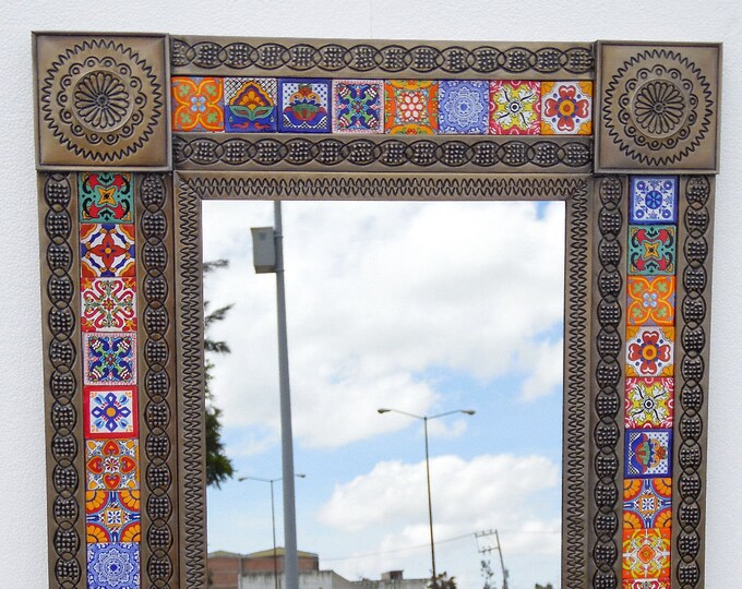 PUNCHED TIN MIRROR Mixed Talavera Tile Mexican Folk Art - Etsy