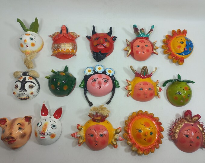 SET of 15 MASKS Coconut Shell Mexican Handmade Colorful Wholesale Folk ...
