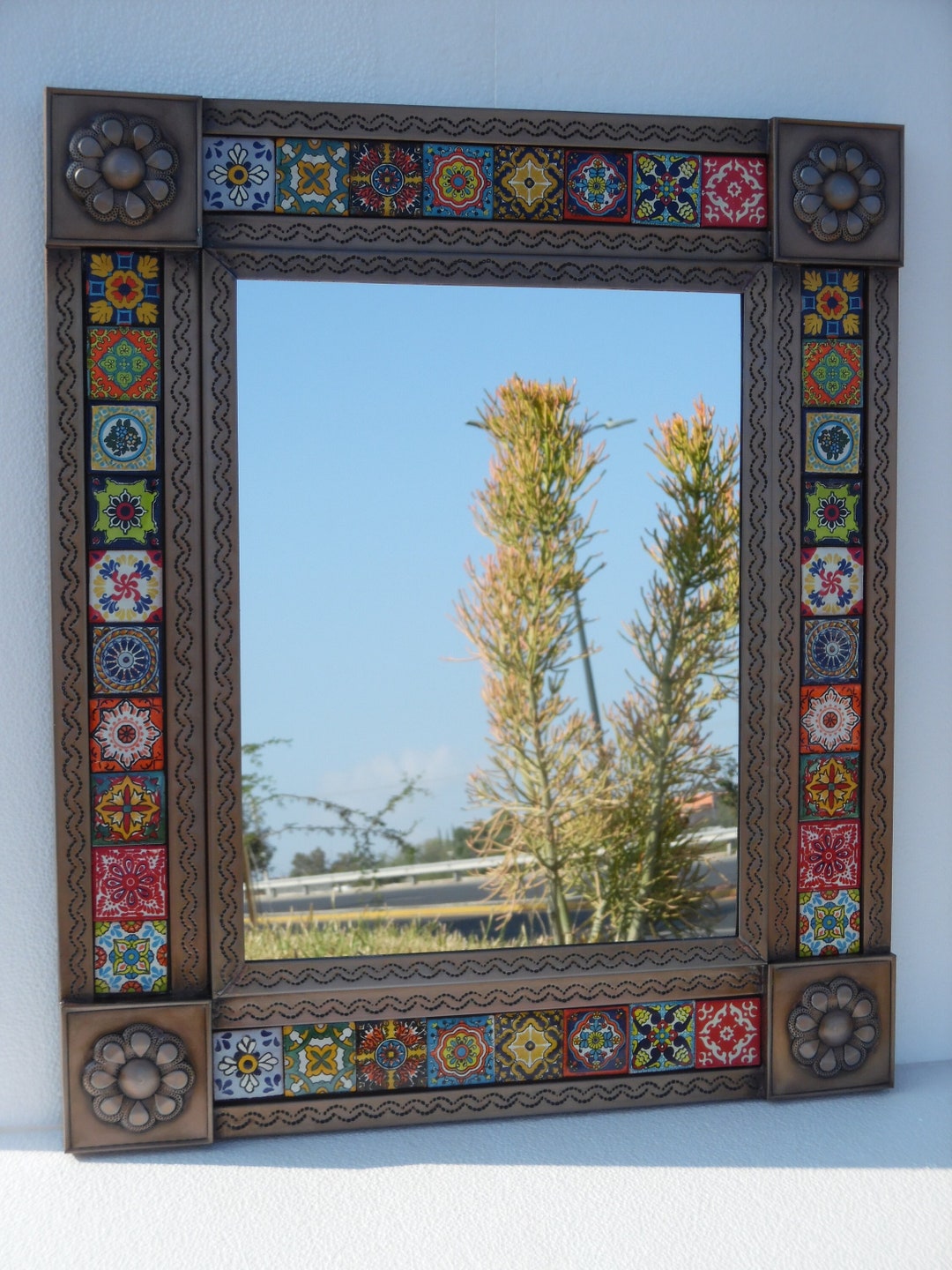 29 PUNCHED TIN MIRROR With Mixed Talavera Tile, Mexican Folk Art Wall ...