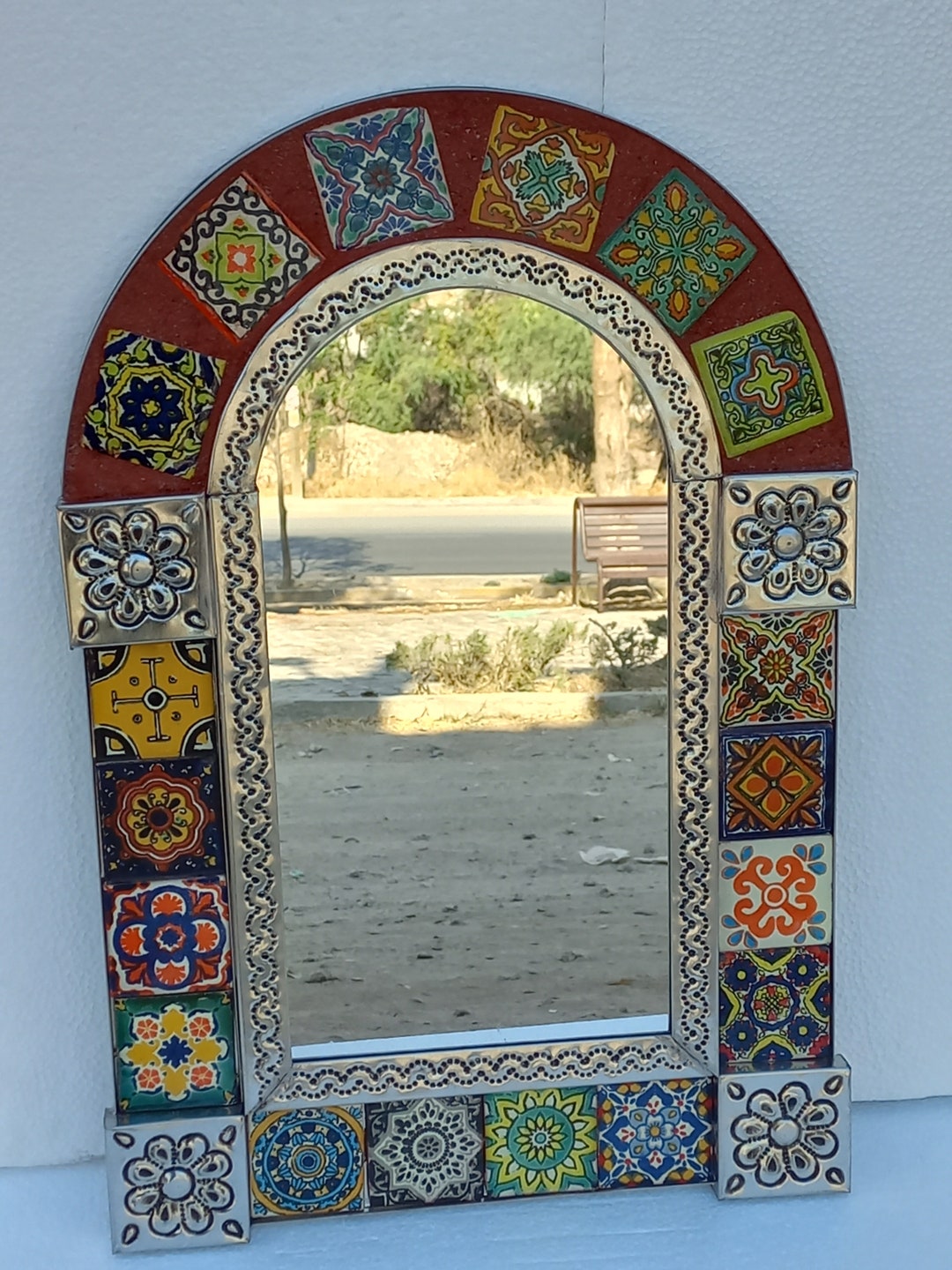 19 PUNCHED TIN MIRROR Arched Mirror With Mixed Talavera Tile Mexican ...
