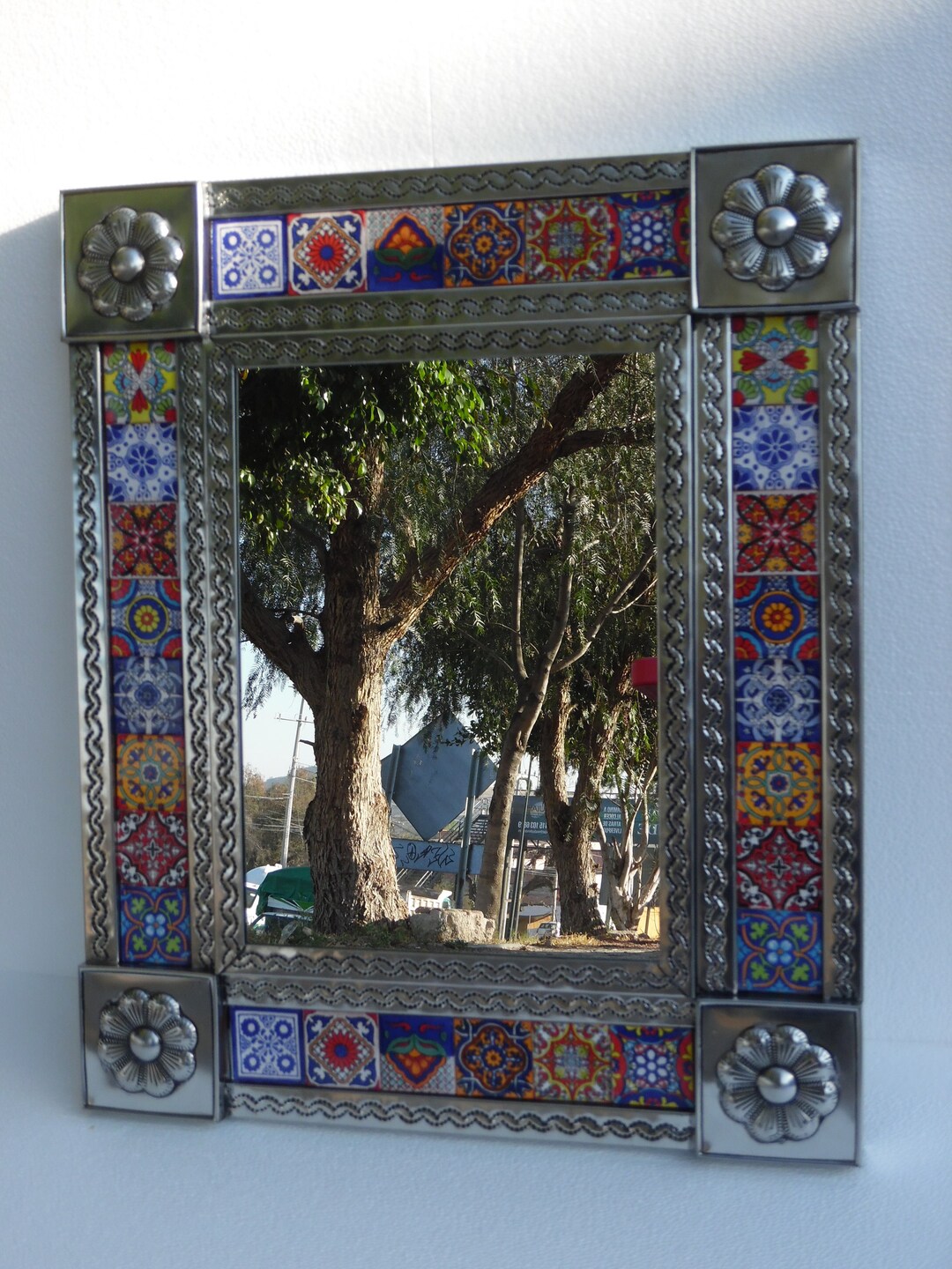 PUNCHED TIN MIRROR Mixed Talavera Tile Mexican Ethnic Hand - Etsy