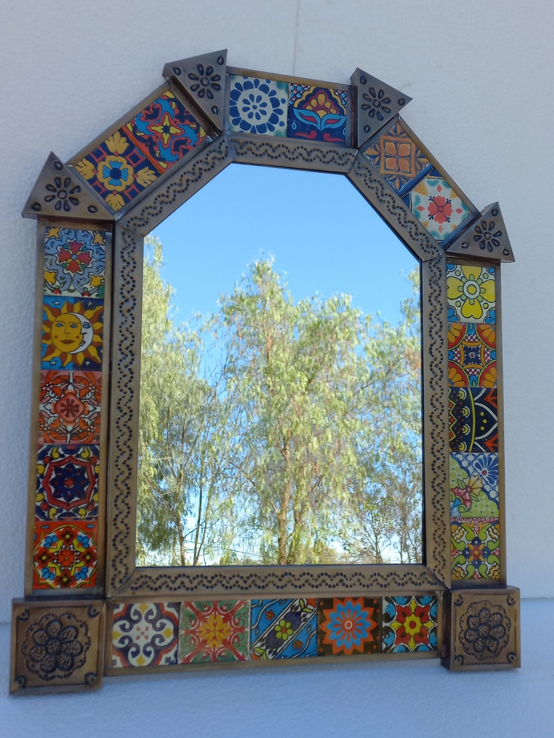 PUNCHED TIN MIRROR With Talavera Tile Mexican Folk Art Wall Decoration ...