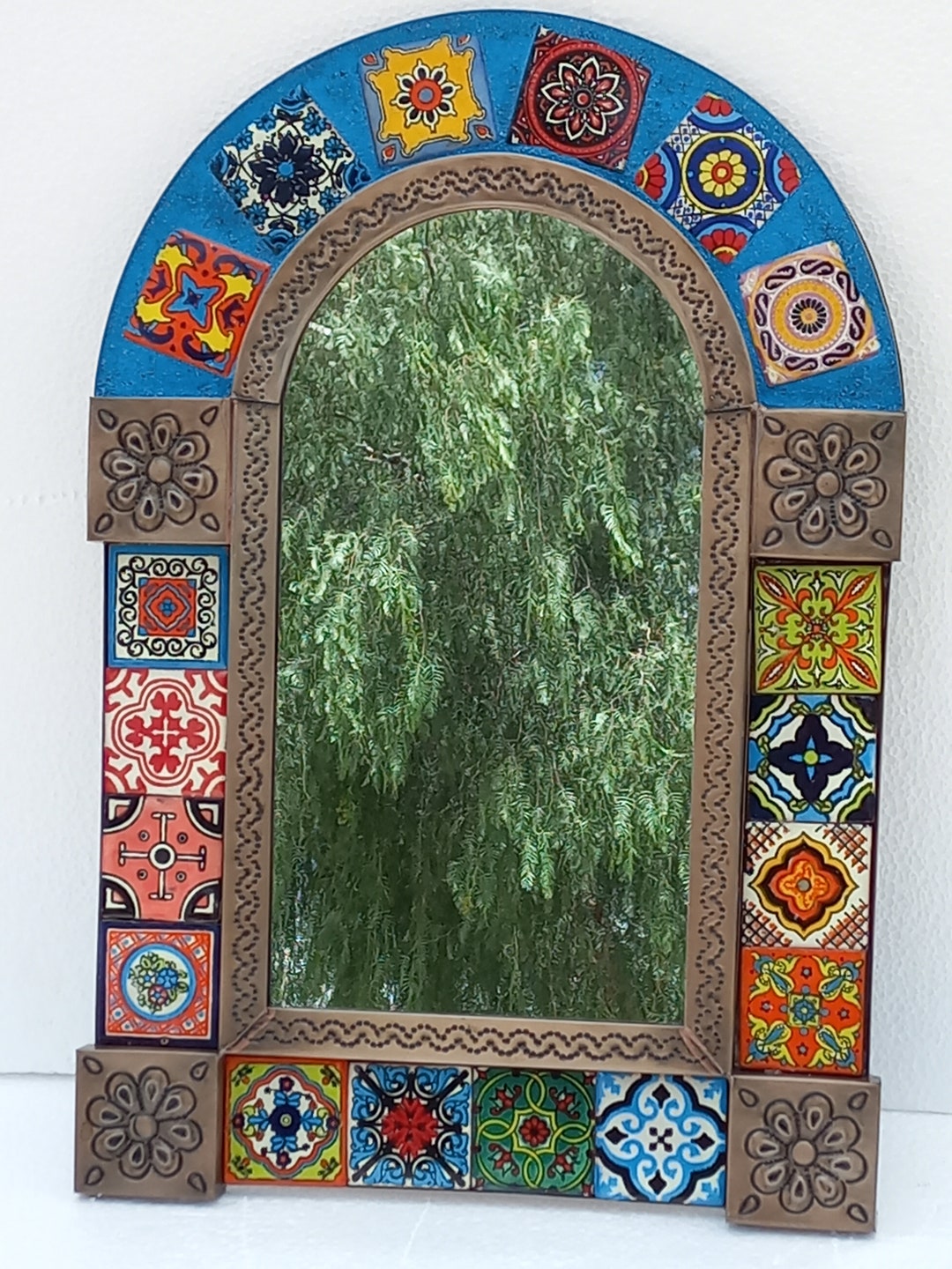 PUNCHED TIN MIRROR Arched Mirror With Mixed Talavera Tile - Etsy