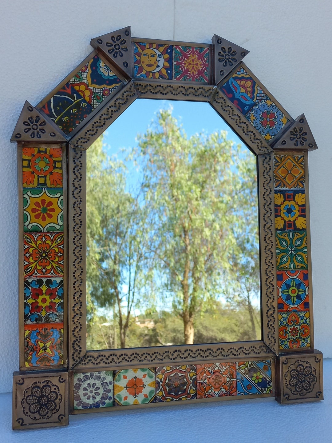 PUNCHED TIN MIRROR With Talavera Tile Mexican Folk Art Wall Decoration ...