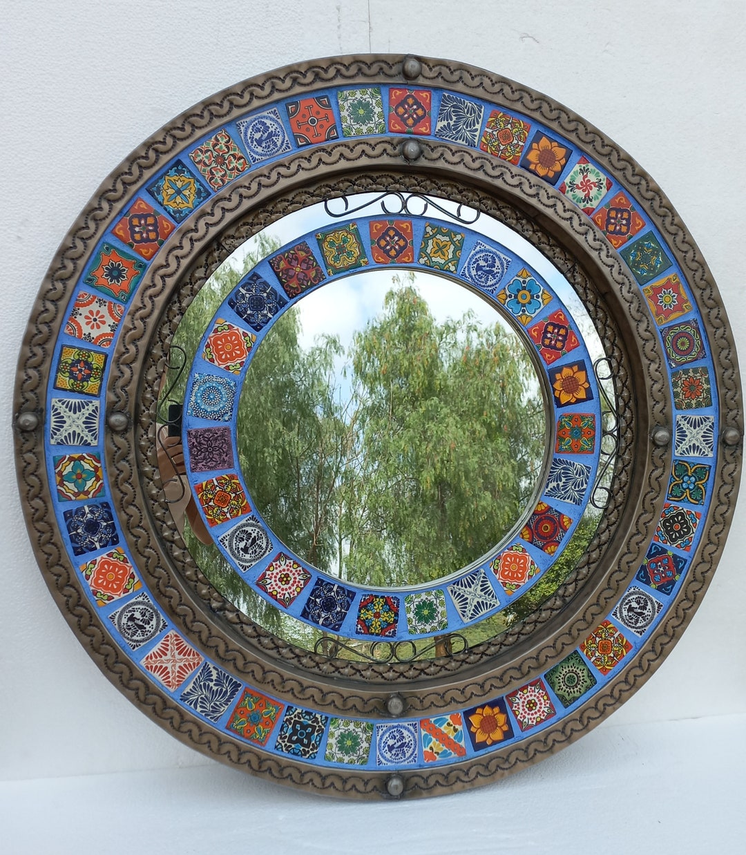 33 ROUND Punched Tin MIRROR, Mexican Talavera Tile, Hacienda Style ...