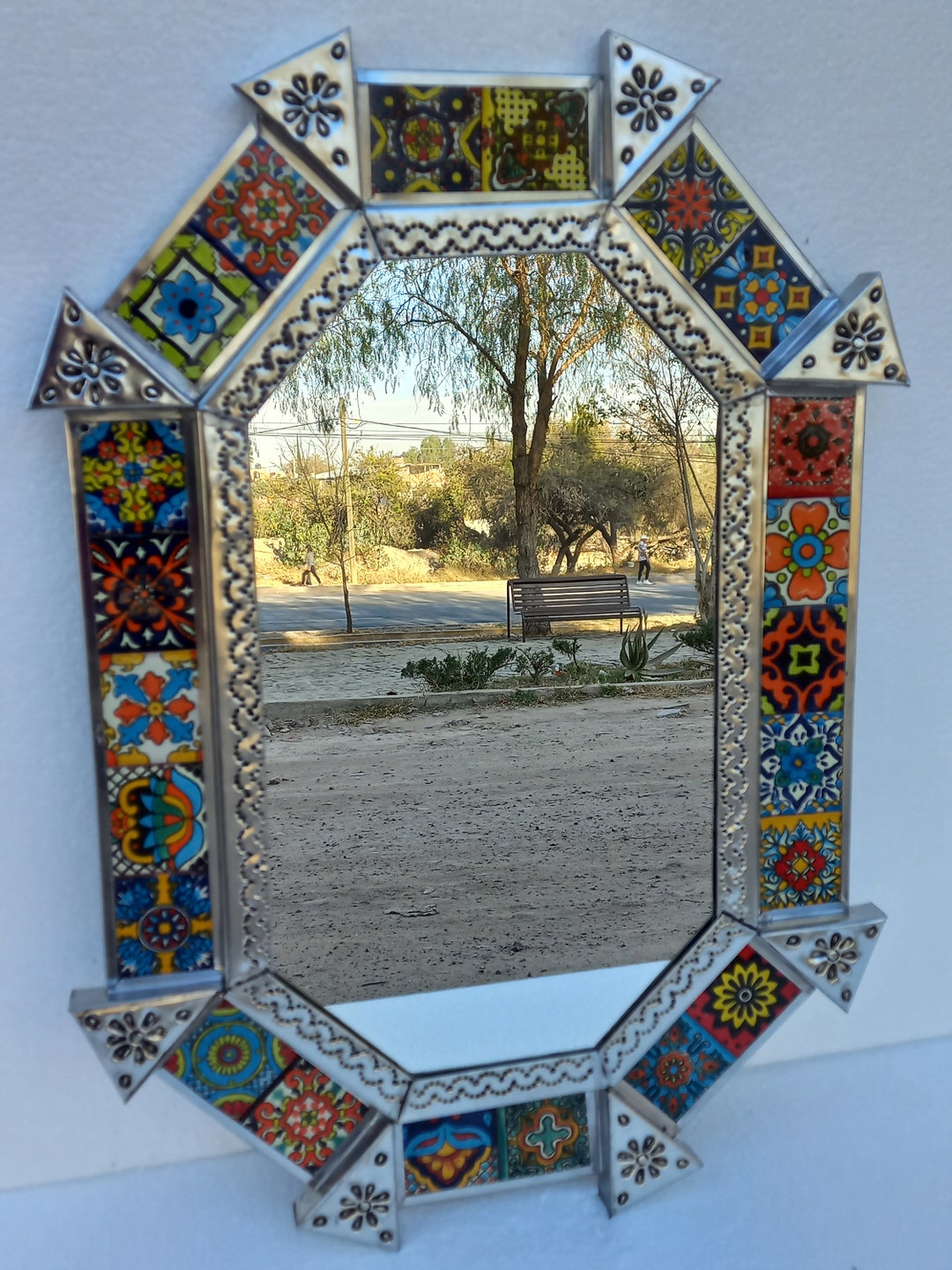 21 PUNCHED TIN MIRROR Octagonal Oval Mixed Talavera Tiles Mexican Folk ...