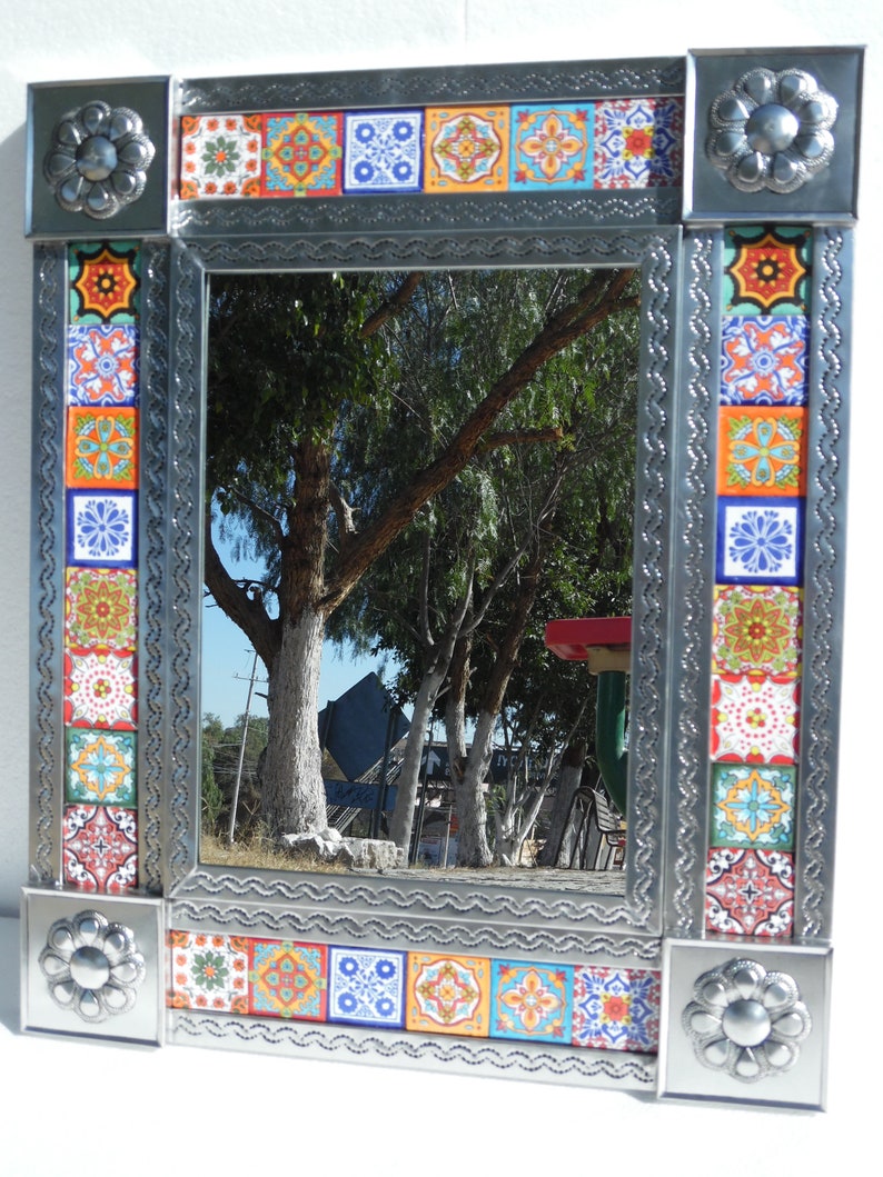 PUNCHED TIN MIRROR Mixed Talavera Tile Mexican Ethnic Hand | Etsy