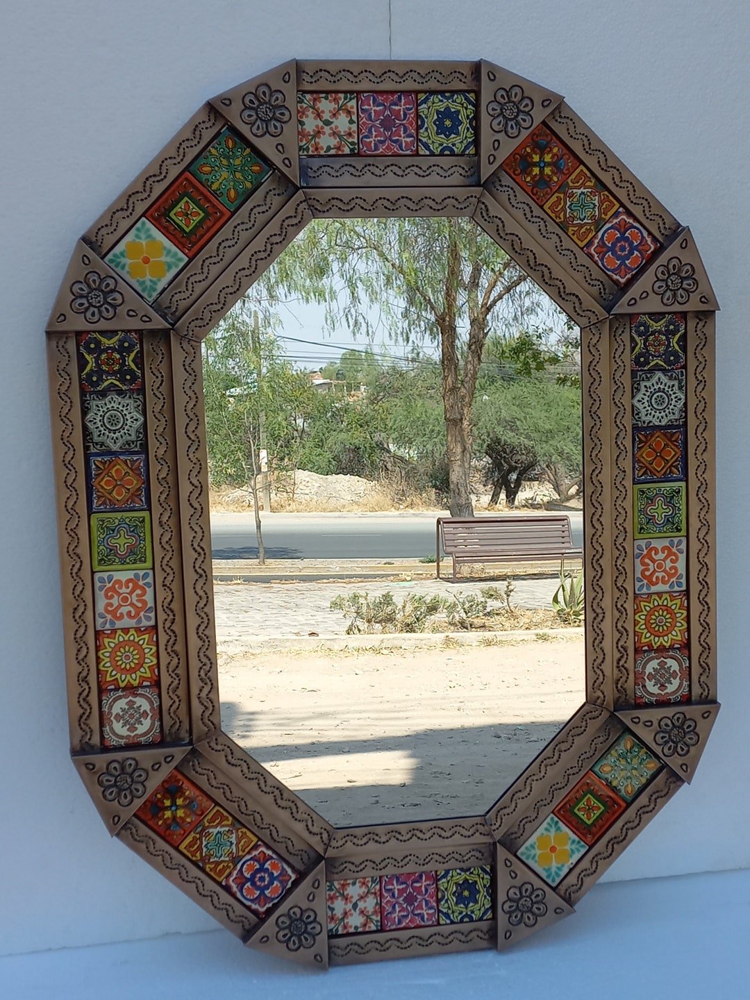 PUNCHED TIN MIRROR Octagonal Mixed Talavera Tile Mexican Folk Art ...