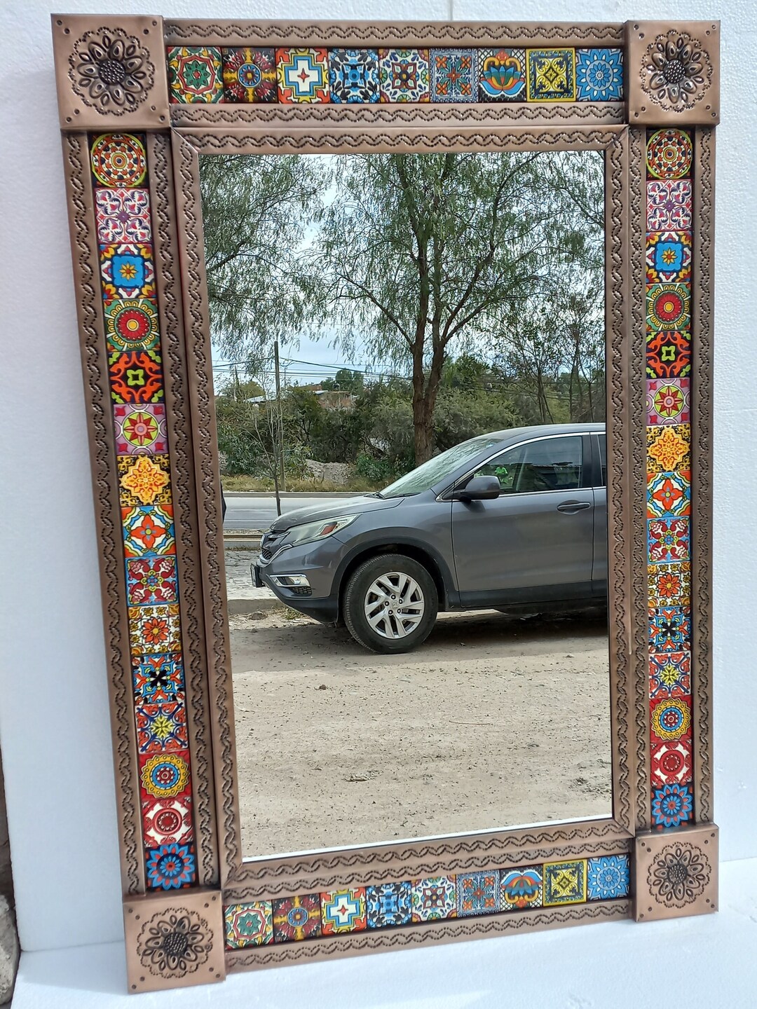 38 PUNCHED Tin MIRROR With Mexican Talavera Tile, Hacienda Style ...