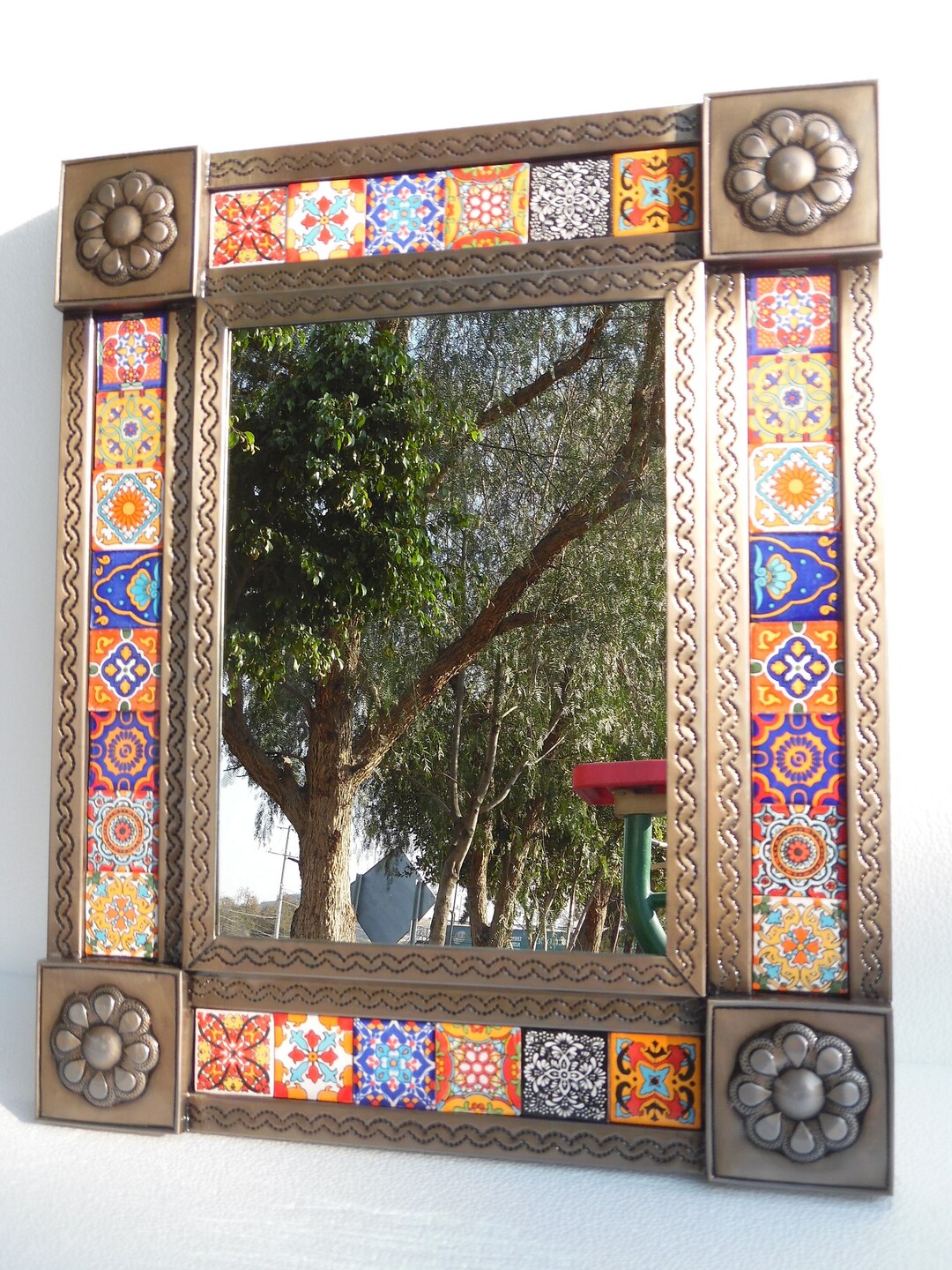 PUNCHED TIN MIRROR Mixed Talavera Tile Mexican Ethnic Hand Made Folk ...