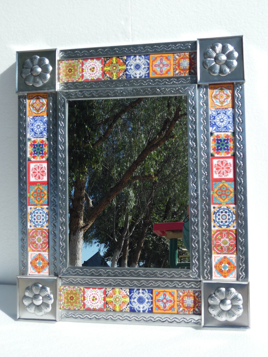 PUNCHED TIN MIRROR Mixed Talavera Tile Mexican Ethnic Hand Made Folk ...