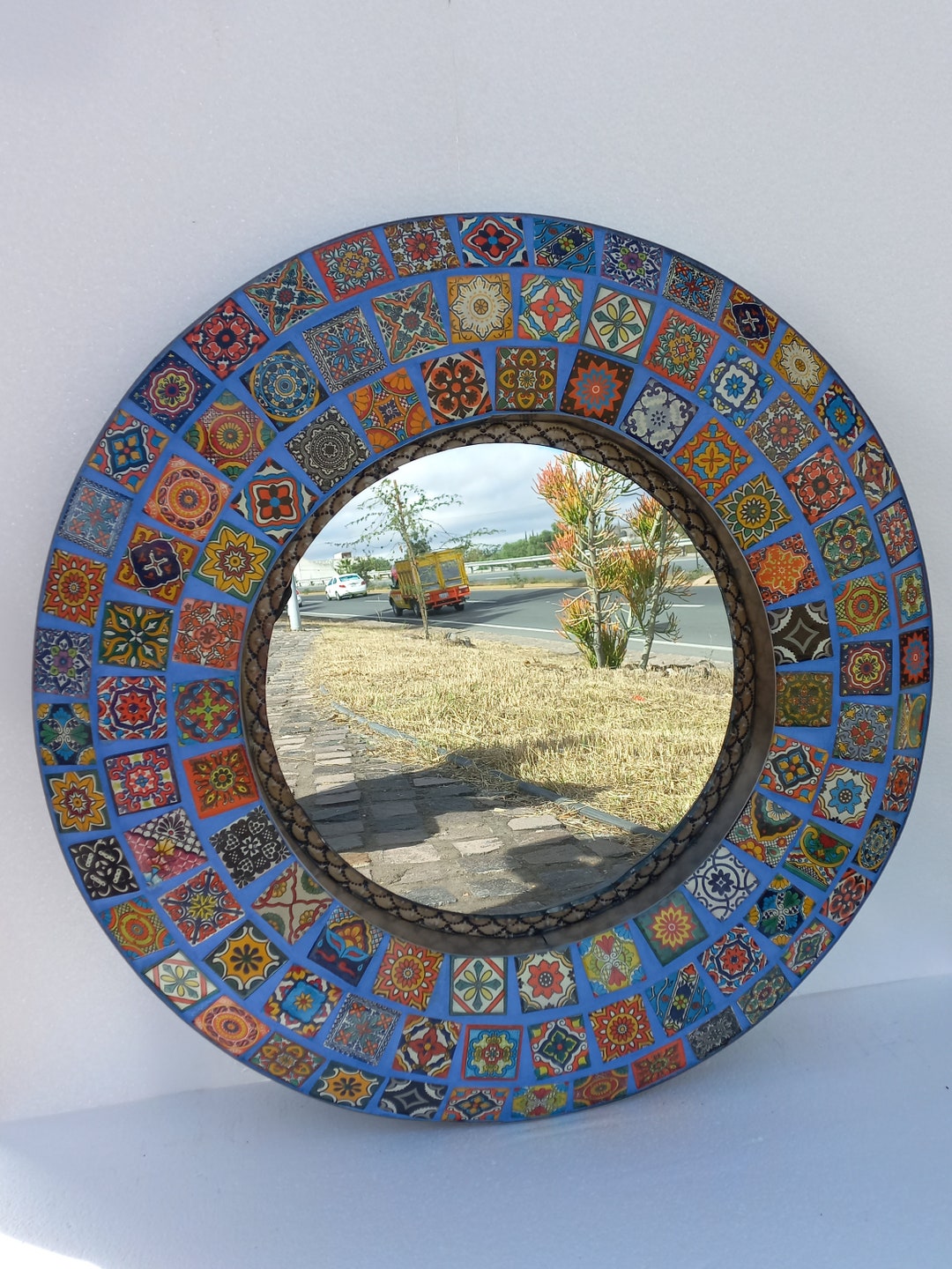 30 ROUND Punched Tin MIRROR, Mexican Talavera Tile, Hacienda Style ...