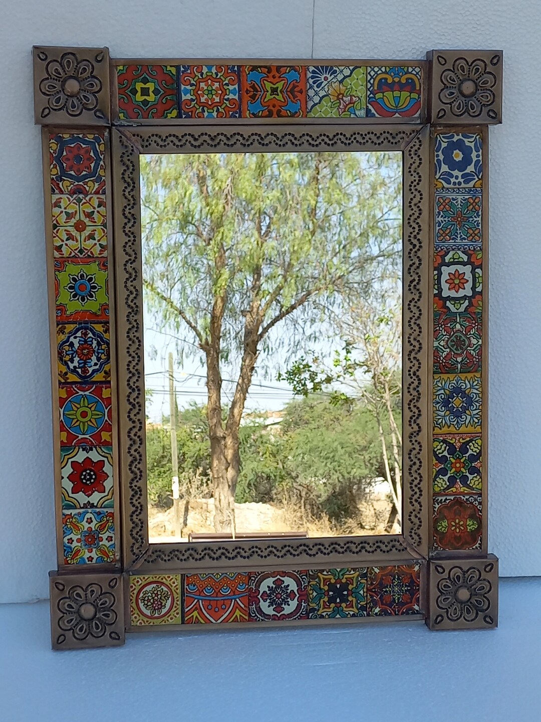 PUNCHED TIN MIRROR With Mixed Talavera Tile Mexican Folk Art 19 X 15 - Etsy