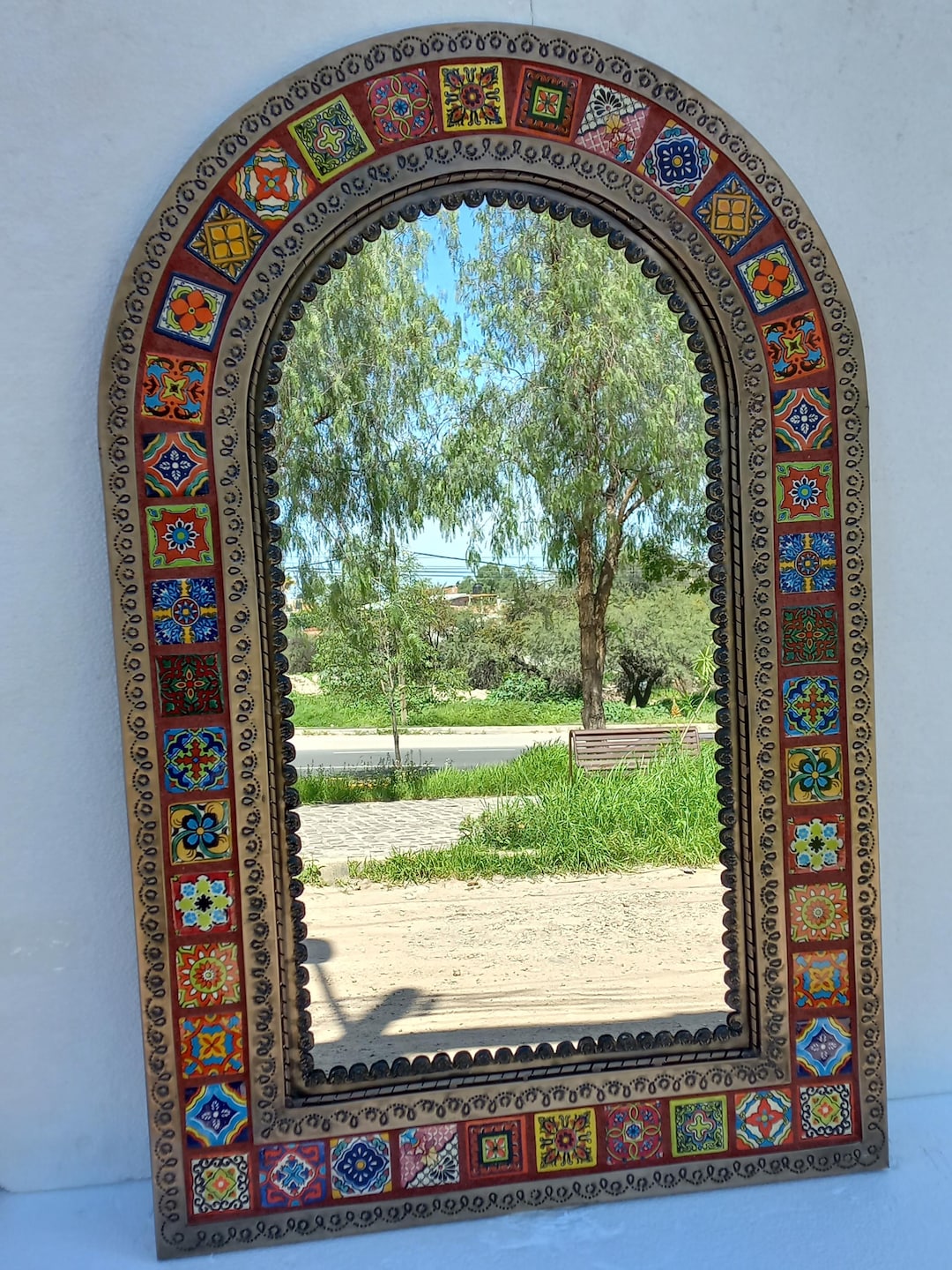 38 PUNCHED Tin MIRROR Arched Mexican Talavera Tile Handmade Hacienda ...