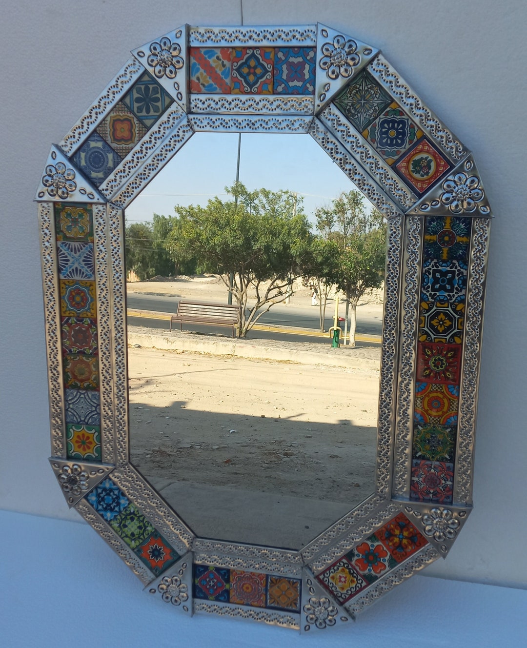 PUNCHED TIN MIRROR Octagonal Mixed Talavera Tile Mexican Folk - Etsy