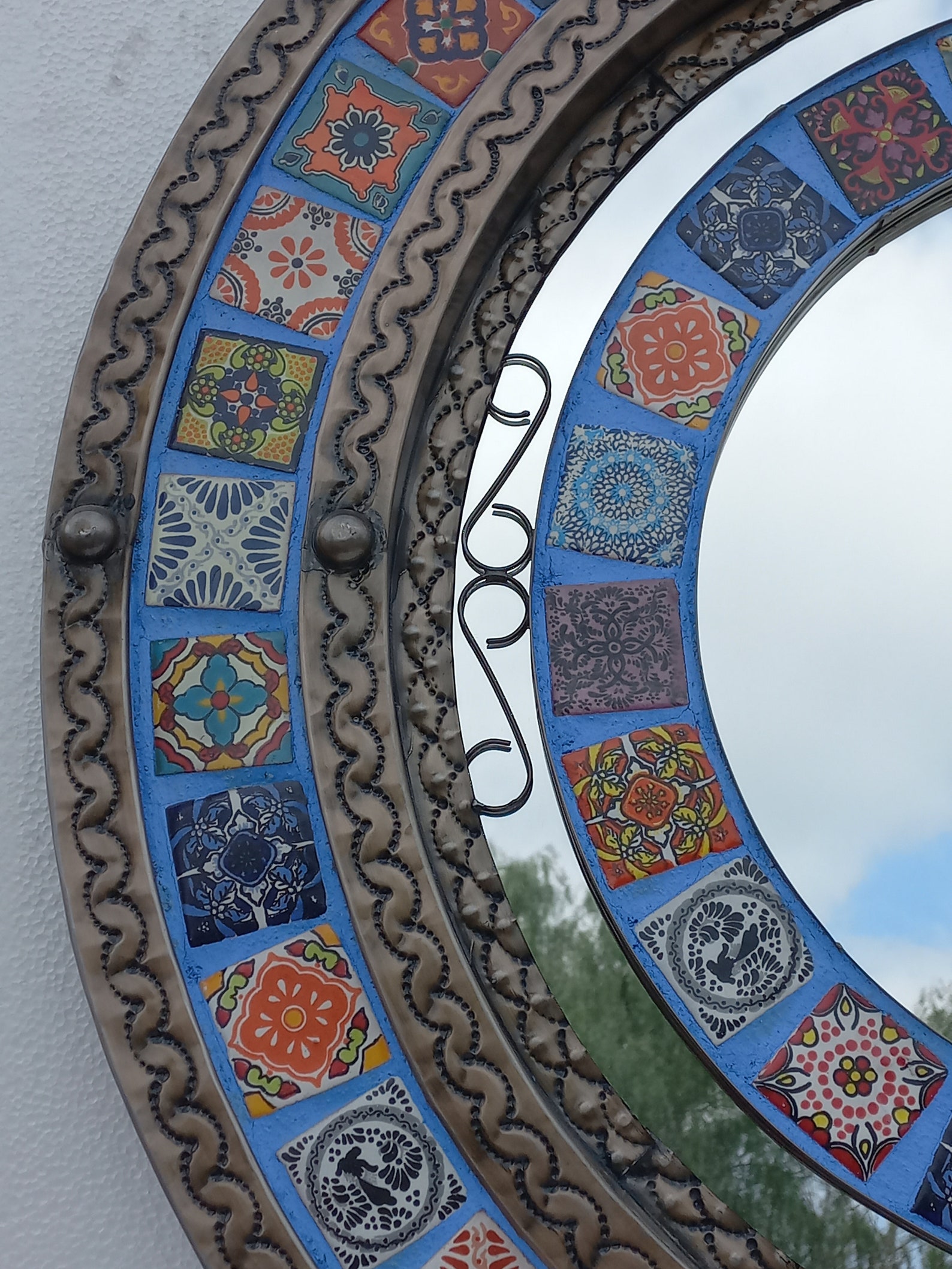 33 ROUND Punched Tin MIRROR, Mexican Talavera Tile, Hacienda Style ...