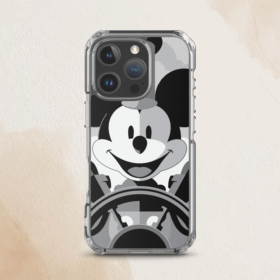 GRAY Disney Steamboat Willie Mickey Mouse Magsafe Clear Case, iPhone 14, 15, 16 Plus, Pro, Max ...