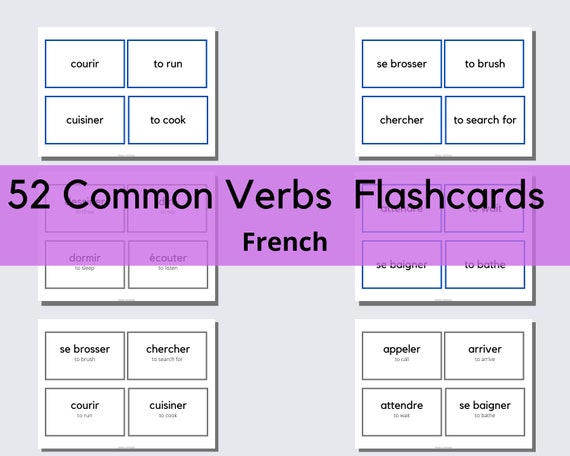 FRENCH 52 Common Verbs Flashcards Educational Prints | Etsy