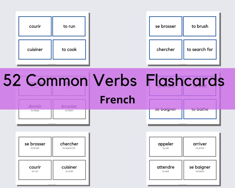 FRENCH 52 Common Verbs Flashcards Educational Prints | Etsy