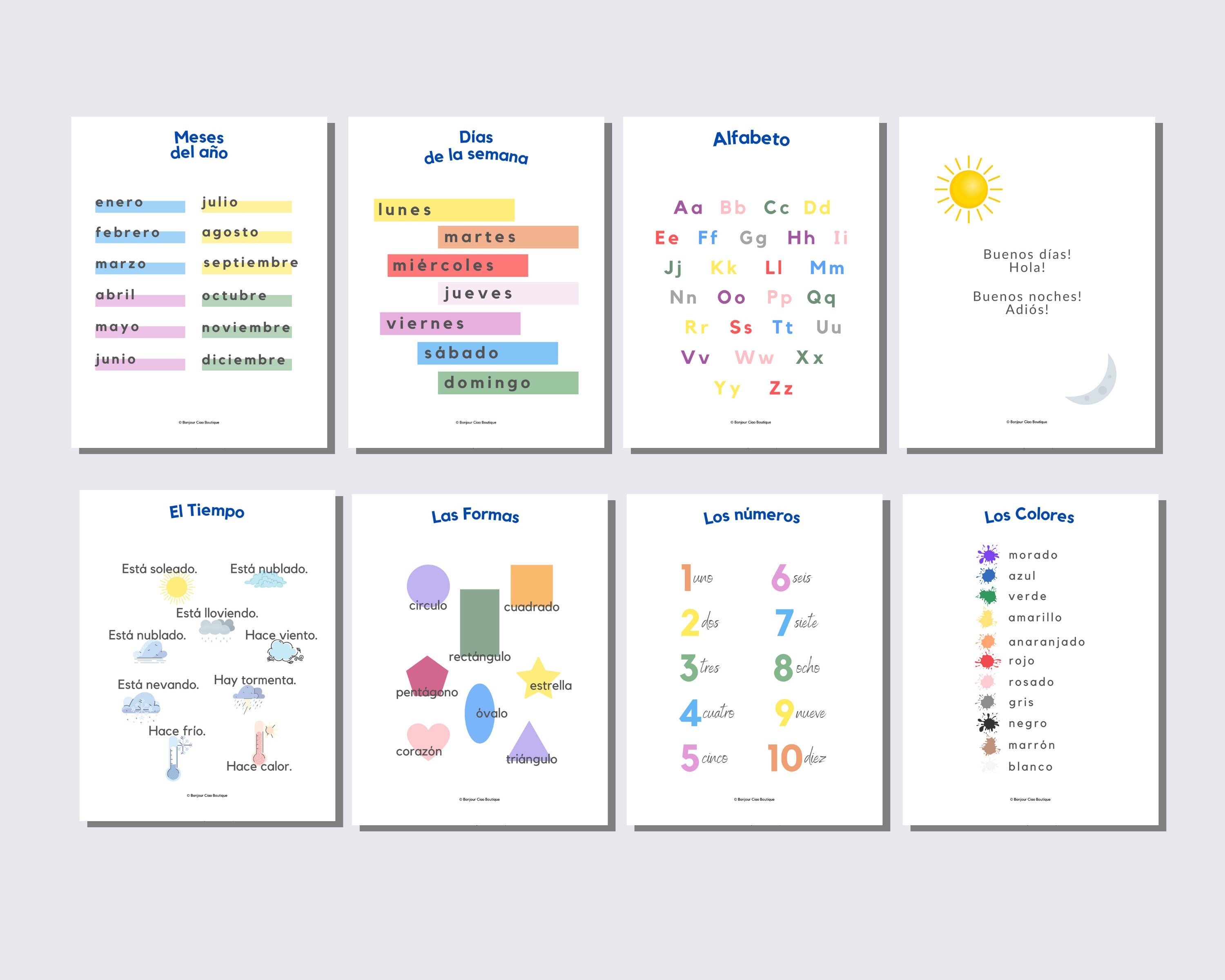 8 Print Bundle in Spanish Greetings, Alphabet, Numbers, Shapes, Colors ...