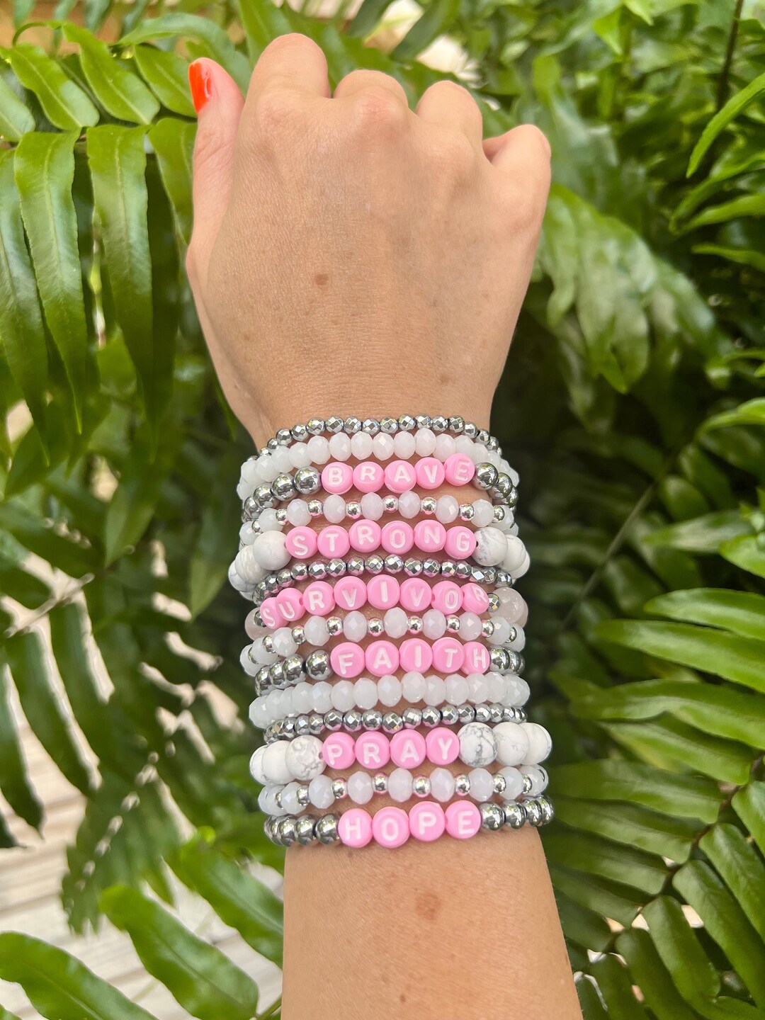 Breast Cancer Awareness Beaded Bracelet: Pink Word Jewelry - Etsy