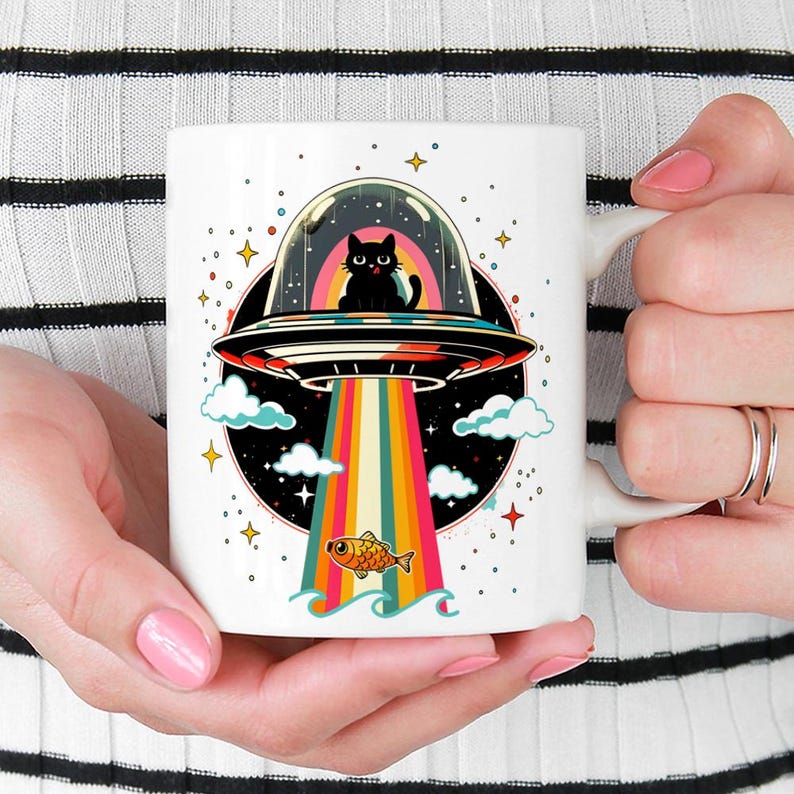 Retro UFO Cosmic Space Alien Cat Abduction Coffee Mug, Fun Sci Fi ...