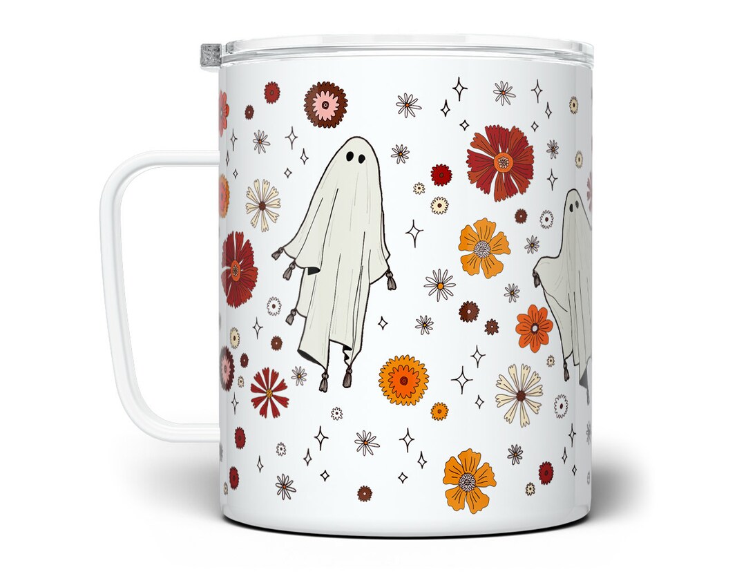 Retro Ghost Insulated Travel Coffee Mug With Lid, Halloween Tumbler ...