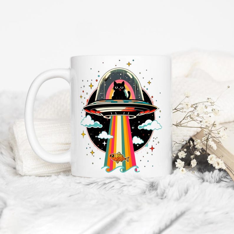 Retro UFO Cosmic Space Alien Cat Abduction Coffee Mug, Fun Sci Fi ...