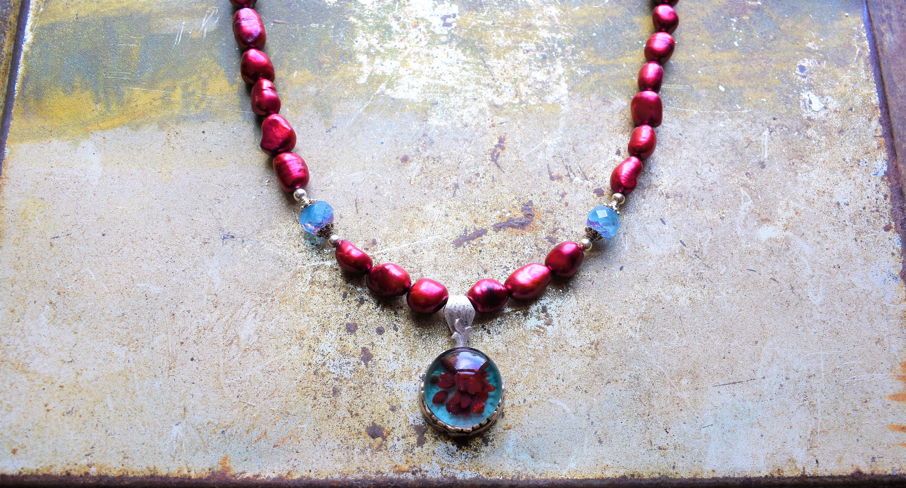 Ruby red Freshwater pearl necklace Ruby red Lampwork | Etsy