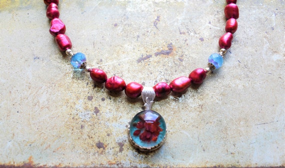 Ruby red Freshwater pearl necklace Ruby red Lampwork | Etsy