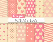 Items similar to Love digital paper: "VINTAGE LOVE" heart patterns old ...