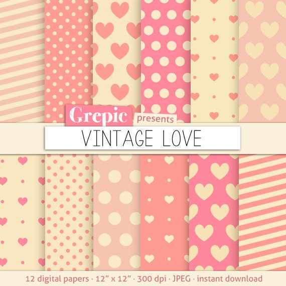 Items similar to Love digital paper: "VINTAGE LOVE" heart patterns old ...